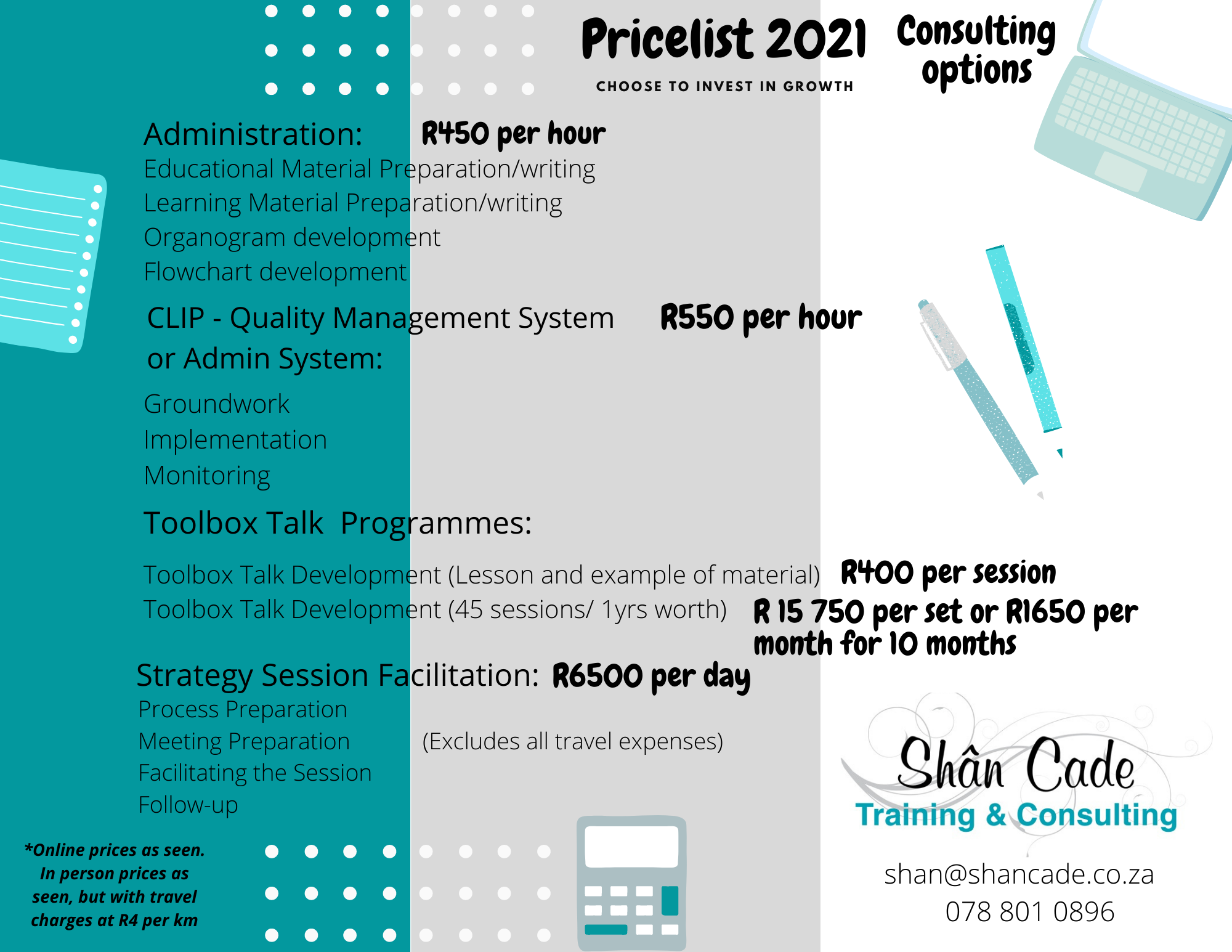 Services Price List - Shân Cade Training and Consulting