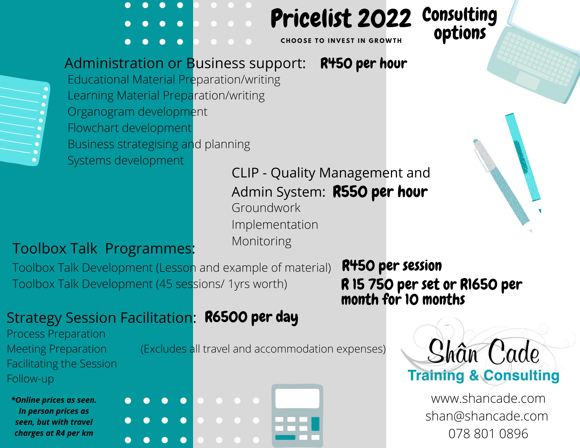 Services Price List - Shân Cade Training and Consulting