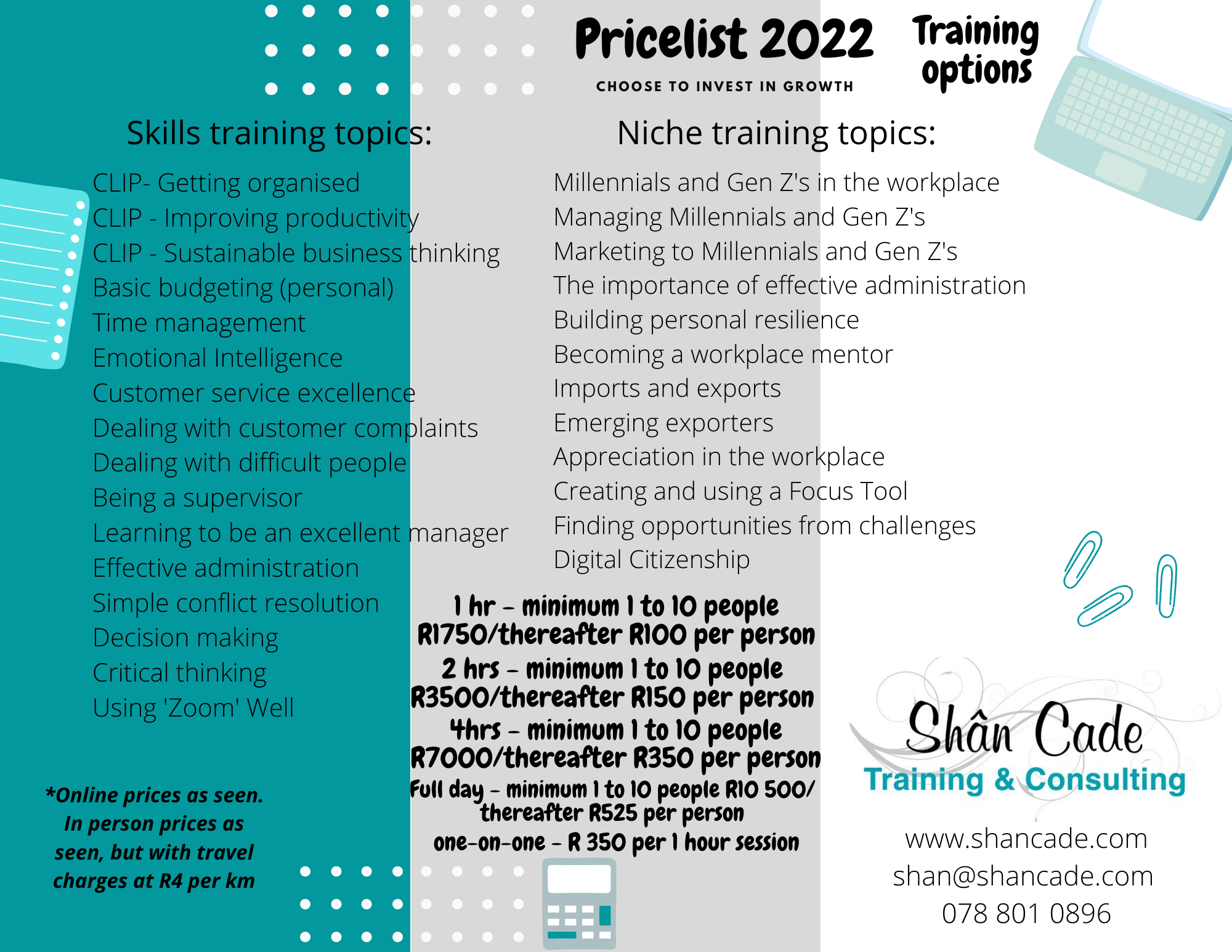 Services Price List - Shân Cade Training and Consulting