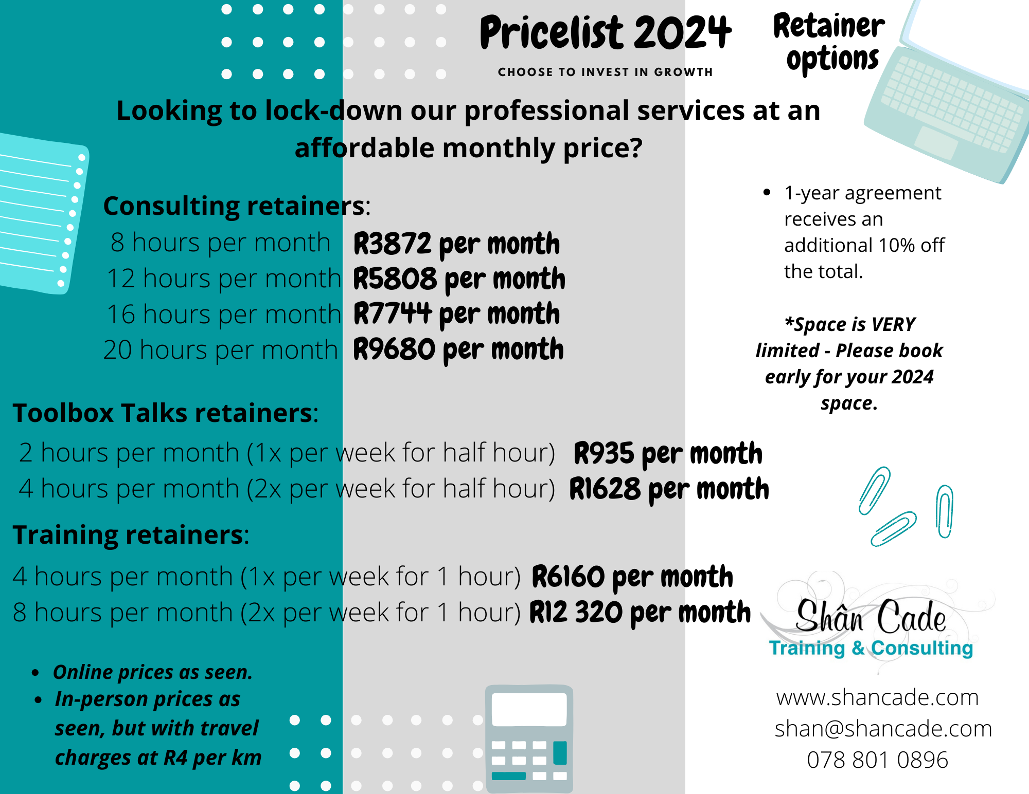 Services Price List - Shân Cade Training and Consulting